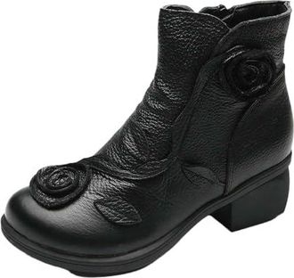 Generic YUJIEBB Bottes courtes rouges &agrave; talon bloc Automne Winte Femmes Appliques Cheville C&ocirc;t&eacute; Fermeture &eacute;clair Mode Chaussures de marche pour femme, Noir, 3