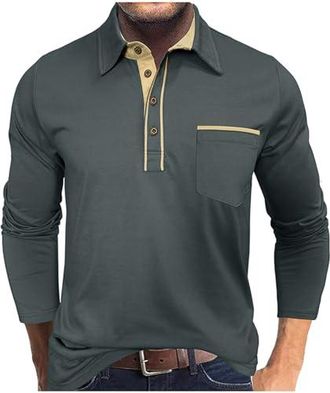 Generic Polo pour homme avec poche - T-shirt &agrave; manches longues - Col &agrave; revers - Coupe ample - T-shirt de sport urbain &eacute;l&eacute;gant - T-shirt de travail confortable