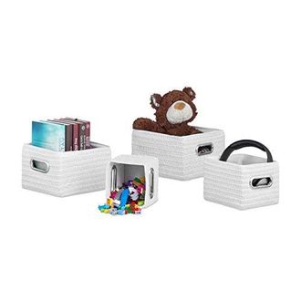 Relaxdays Aufbewahrungskörbe 4er Set, Korb-Optik, robust, Aufbewahrungsboxen für Bad, Kunststoff, als Regalkorb, weiß