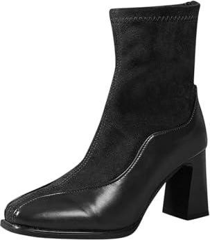 Generic Bottes mi-mollet pour femme &agrave; talon bloc &eacute;pais Bottines courtes &eacute;l&eacute;gantes patchwork couleur unie fermeture &eacute;clair dans le dos confortables bottines d&eacute;