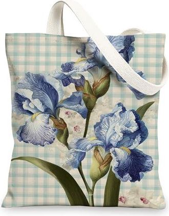 Generic Sacs fourre-tout en toile florale, sacs dépicerie réutilisables, vintage chic, légers et lavables à bandoulière pour T, bleu, 13x15 Inch