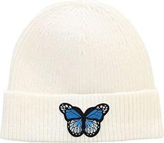 Generic Bonnet de ski en tricot chaud pour femme Motif papillon brod&eacute;, blanc, Taille unique