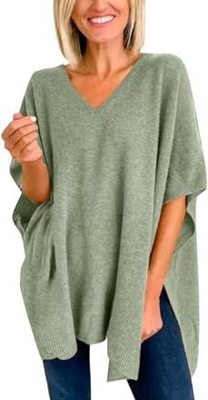 Generic Pull de Couleur Unie pour Femmes, col en V, à Rayures, Mode Poncho Cape, col en V, Pull Ample Veste Femme Longue Noir Veste Femme Automne (Green, XL)