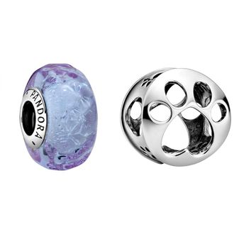 Pandora Wellenf&ouml;rmiges Lavendelblaues Murano-Glas Charm, 798875C00, Lila, 1,3cm & Offen gearbeiteter Hundepfotenabdruck Charm Sterling-Silber 9 x 11,5 x 11,5 
