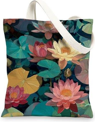 Generic Sac fourre-tout en toile motif nénuphar réutilisable, moderne, respectueux de lenvironnement, léger, lavable, multicolore, 13x15 Inch
