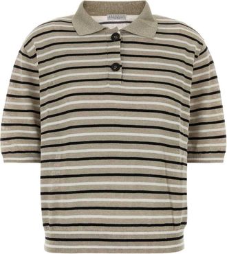 Brunello Cucinelli Femme, Tops, Multicolore, Taille: 40 FR Polo en lin m&eacute;lang&eacute; brod&eacute;