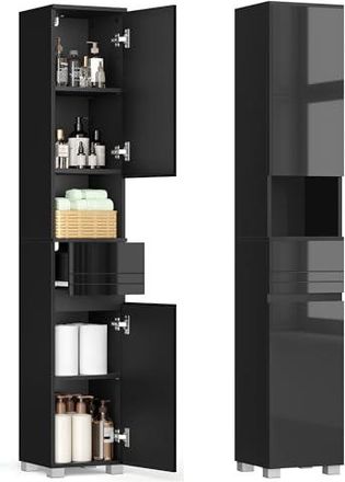 Vasagle Armoire de Salle de Bain, Meuble de Rangement, Colonne, avec Tiroir, &Eacute;tag&egrave;res R&eacute;glables, Compartiments, 30 x 30 x 170 cm, Noir dencre BBC560B01