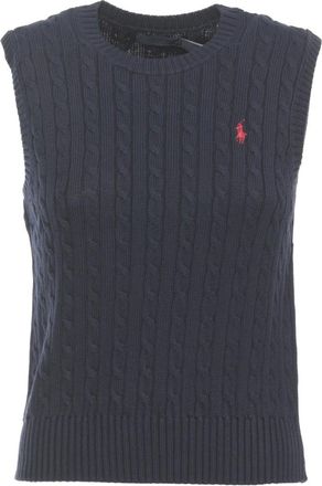 Ralph Lauren Femme, Pulls, Bleu, Taille: 38 FR Pull Tricot&eacute; Sans Manches &agrave; Col Rond et Torsades