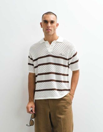 B&eacute;lier Polo en maille au crochet &agrave; rayures - &Eacute;cru et moka-Blanc