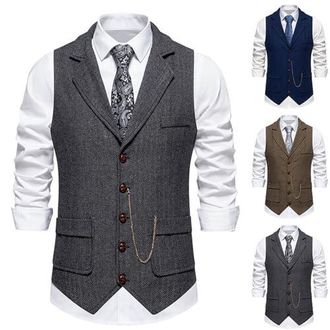 Generic Gilet de costume pour homme vintage - Gilet sportif &eacute;l&eacute;gant - Coupe droite - Gilet pour homme - Col en V - Sans manches - Avec 5 poches &agrave; boutons - Gi
