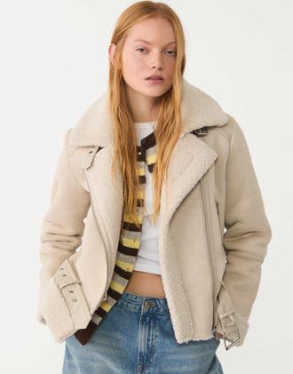 Stradivarius Blouson style motard en imitation daim - Écru-Blanc