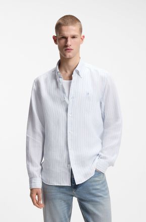 HUGO BOSS Leinenhemd BOSS LIAM, Herren, Gr. L, N-Gr, light, pastel blau450, Web, Obermaterial: 100% Leinen, gestreift, regular fit h&uuml;ftbedeckend, 1-Knopf-Mansch