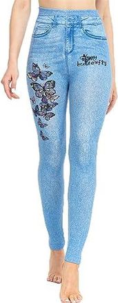 ORANDESIGNE Femme Legging Imprimés Denim et Papillons Leggings Imitation Jean Jeggings Taille Haute Slim Pantalon Moulant Collant Extensible Pantalon de Crayon Tr