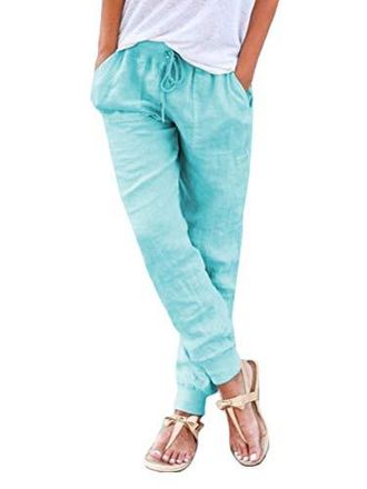 ORANDESIGNE Femme Été Décontractée Coton Lin Ample Pantalon Léger Cordon Élastique Solide Couleur Pantacourt Sport Pants 7/8 Longueur Pants (X-Large, Bleu)