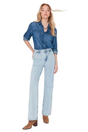 Trendyol Damen Trendyol Herren Hoher Bund Weites Bein der 90er Jeans, Hellblau, 36 EU