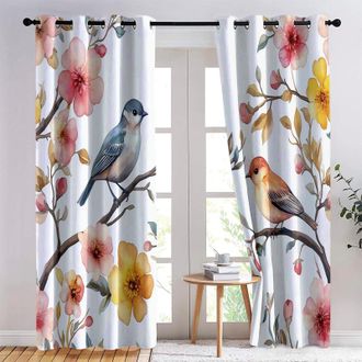 Generic Blickdichte Vorh&auml;nge Deko Elegante V&ouml;gel Auf Zweigen Drucken Vorh&auml;nge mit &Ouml;sen hintere Verdunkelung W&auml;rmeschutzvorhang Thermovorhang Wei&szlig; Pink f&uuml;r Sch