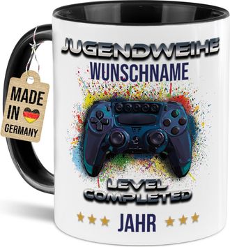 Tassendruck Tasse zur Jugendweihe mit Namen und Jahr selbst gestalten - Level completed, Controller - Personalisiertes Geschenk - Keramiktasse, 300 ml, Innen & He