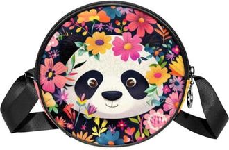 Generic Sac &agrave; bandouli&egrave;re rond pour femme, motif panda, fleur de panda, sac &agrave; dos avec fermeture &eacute;clair, bretelles r&eacute;glables, sac &agrave; main rond d&eacute;contract&eacute; pour