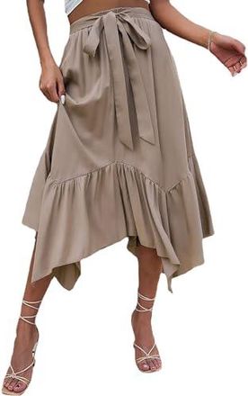 Generic Jupe midi &agrave; taille haute pour femme avec ceinture et ourlet asym&eacute;trique &agrave; volants - Jupe longue pliss&eacute;e - Robe trap&egrave;ze pliss&eacute;e - Robe d&eacute;t&eacute; boh&egrave;me - Ro