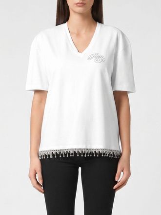 Philipp Plein T-shirt en coton &agrave; col en V avec logo en strass et ourlet frang&eacute;