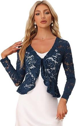 Allegra K Cardigan &agrave; Nouer sur Le Devant pour Femmes avec Ourlet &agrave; Volants en Dentelle Florale Bleu fonc&eacute; M