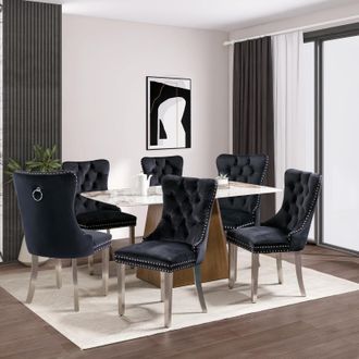 Generic Samtgepolstertes, Getuftetes Esszimmerstuhl-Set Mit Nagelkopfbesatz Und Beinen Aus Massivholz - Beige (für Esszimmer, Küche, Restaurant)(Black-Silver 