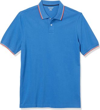 Amazon Essentials Herren-Poloshirt aus Baumwollpiqu&eacute;, normale Passform (erh&auml;ltlich in Big & Tall), Blau Rot Wei&szlig; gestreift, Gr&ouml;&szlig;e S