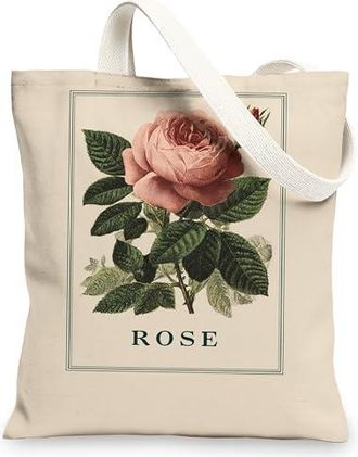 Generic Sacs fourre-tout en toile motif floral élégant, sacs à provisions réutilisables, vintage botanique, léger, lavable avec bandoulière, beige, 13x15 Inch