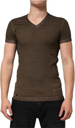 Dolce & Gabbana Homme, Tops, Brun, Taille: XS T-shirt Homme Marron Foncé Tattered Logo