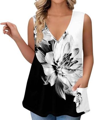 Generic Debardeur Femme Chic et &eacute;l&eacute;gant Chemisier sans Manche Imprim&eacute; D&eacute;bardeur Col V Top Ete Haut Chic et Elegant Fluide Ample Caraco Vetement Femme Ete Tee 