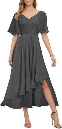 Generic Robe de mère de la mariée avec manches et col en V plissée en mousseline de soie pour invitée de mariage, gris, 54 Grande taille