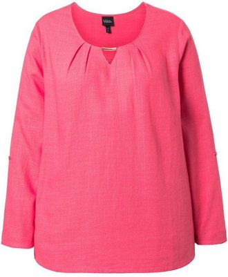 Ulla Popken Druckbluse Bluse Leinenmix Zierspange Rundhals 3/4-Arm