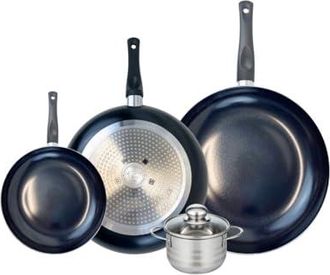 Fackelmann ELO 9746550 Batterie de cuisine 4 pi&egrave;ces, Ensemble de 3 Po&ecirc;les de cuisson 20, 28 et 32 cm et 1 faitout 12 cm Elo Prima Brillant, inox, induction, Noir