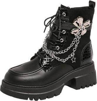 Generic Bottines pour femme &agrave; talon &eacute;pais &agrave; lacets &eacute;l&eacute;gantes &agrave; bout rond semelle &eacute;paisse fermeture &eacute;clair lat&eacute;rale bottes de moto confortables bottes gothique