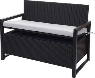 Mendler Poly-Rattan 2er Sitzbank HWC-F39, Gartenbank Truhenbank, Staufach Aufbewahrung Sitzkissen - anthrazit, Kissen grau