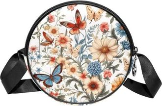 Generic Sac &agrave; bandouli&egrave;re rond pour femme, motif floral et papillons, petit sac &agrave; bandouli&egrave;re avec fermeture &eacute;clair, bretelles r&eacute;glables, sac &agrave; main rond d&eacute;co