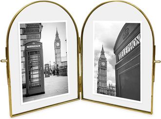 Isaac Jacobs Bilderrahmen im Vintage-Stil, doppelseitig, gew&ouml;lbt, Messing und Glas, Metall, schwebender Bilderrahmen mit Medaillonverschluss (vertikal), hergestell