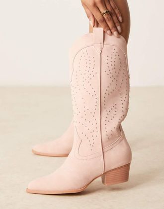 Glamorous Kniehohe Westernstiefel in Cremeweiß mit Nietenbesatz-Rosa