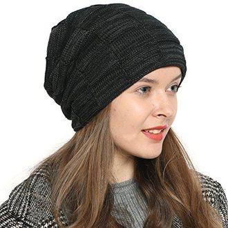 DonDon Bonnet Femme Hiver Slouch Beanie Bonnet Laine avec Doublure Chaude en Polaire - Noir Gris