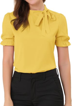 Allegra K Damen 50er Jahre Bluse mit Schleife Schluppenbluse Festliche Blusen Kurzarm Panel Fliege Hals R&uuml;schen Elegant Top Gelb XS