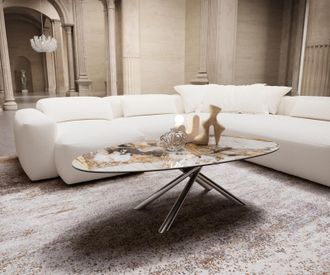 DELIFE Couchtisch Edge Oval 140x75 cm Keramik Patagonia Poliert Sarity Metall Effektfinish Titan, Couchtische