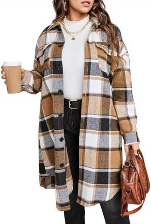 Generic Chemise &agrave; carreaux en flanelle &agrave; manches longues pour femme - Grande taille - Cardigan ample d&eacute;contract&eacute; boutonn&eacute; - Veste &agrave; carreaux ouverte sur le de
