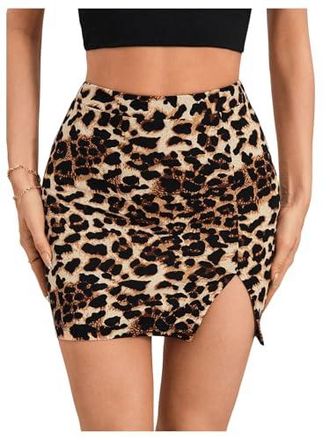 SOLY HUX Jupe moulante pour femme - Mini jupe l&eacute;opard - Jupe moulante - Jupe d&eacute;t&eacute; - Taille haute - Jupe d&eacute;contract&eacute;e avec fente, Effet l&eacute;opard, M