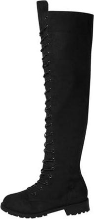 Generic Bottes Hautes Femme Daim Lacets R&eacute;tro Bottes Genou Ave Chunky Talon Fermeture &Eacute;clair Semelle Antid&eacute;rapante Tendance Chaussures Femme D&eacute;contract&eacute;e 38