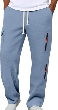 Generic Pantalon de surv&ecirc;tement pour homme - Motif gaufr&eacute; - Pantalon de jogging multi-poches - Jambe droite - Couleur unie - Taille &eacute;lastique avec cordon de s