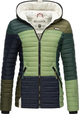 Navahoo Damen &Uuml;bergangsjacke Colorblocking leichte Steppjacke mit Kapuze Multikulti Multicolour Green Forest Gr. XS