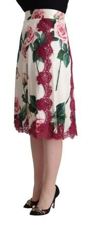 Dolce & Gabbana Womens White Rose Print High Waist Midi A-Line Skirt Silk Cotton Nylon Elastane
