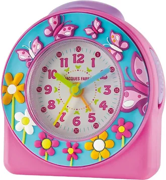 Jacques Farel Kinderwecker Lernwecker Mädchen 3D Schmetterlinge und Blumen Pink Türkis Analog Quarz ohne Ticken mit Licht und Snooze Alarm ACW 69