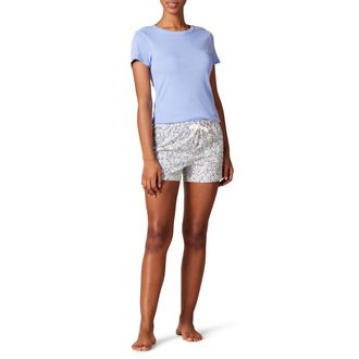 Amazon Essentials Damen Nachtwäscheset mit Shorts und T-Shirt aus Popeline, Blau Floral, XXL