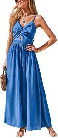 Cupshe Women Casual Dress Beach Sleeveless V Neck Summer Cutout Spaghetti Straps Formal Maxi Sun Dresses, Denim Blue, XL